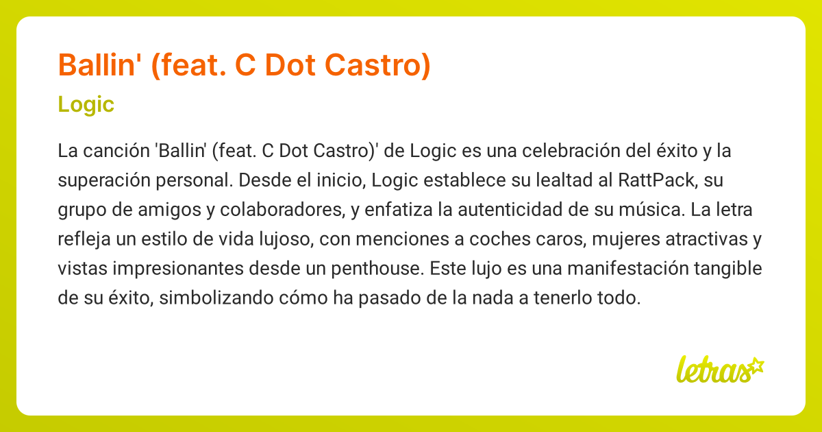 Significado de la canción BALLIN' (FEAT. C DOT CASTRO) (Logic) - LETRAS.COM