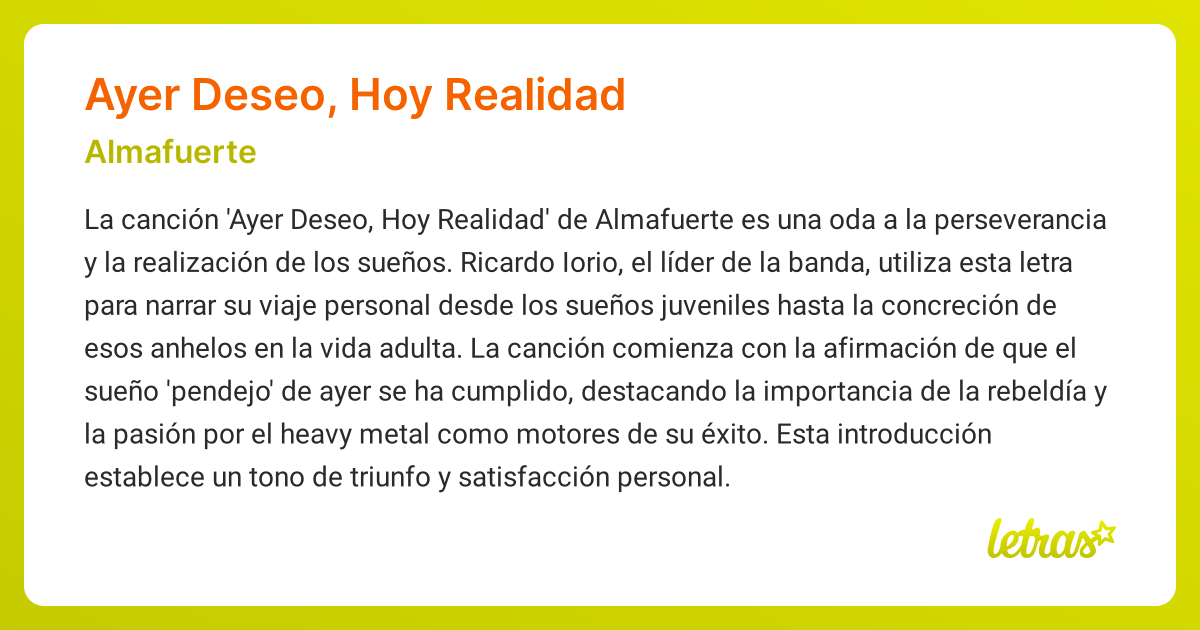 Significado de la canción AYER DESEO, HOY REALIDAD (Almafuerte ...