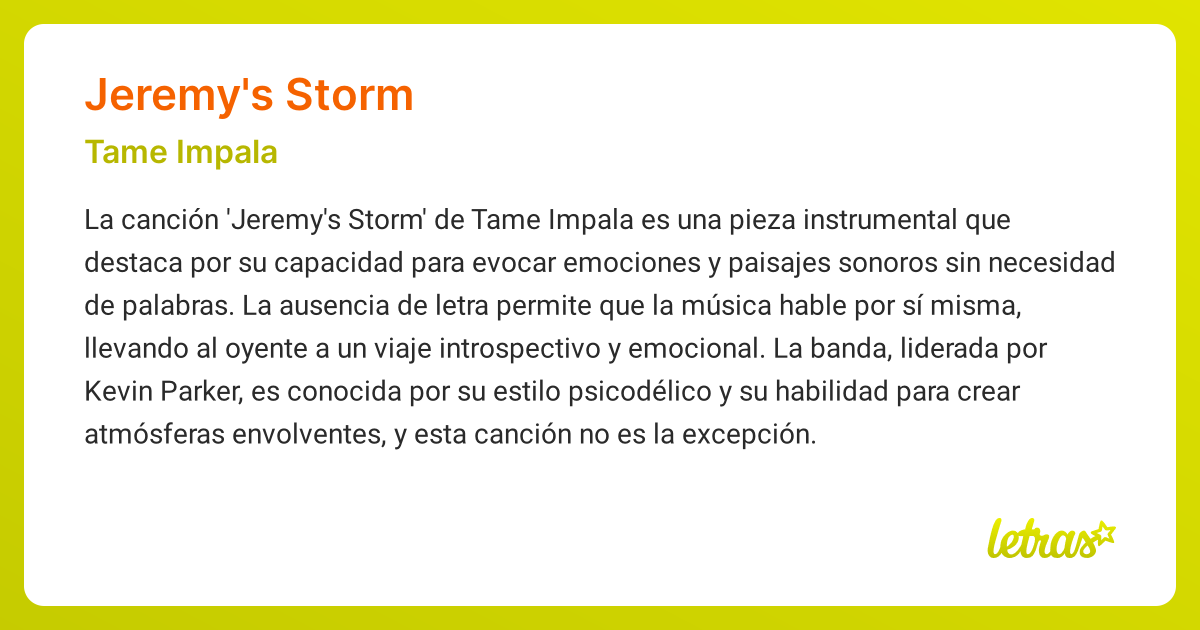 Significado de la canción JEREMY'S STORM (Tame Impala) - LETRAS.COM