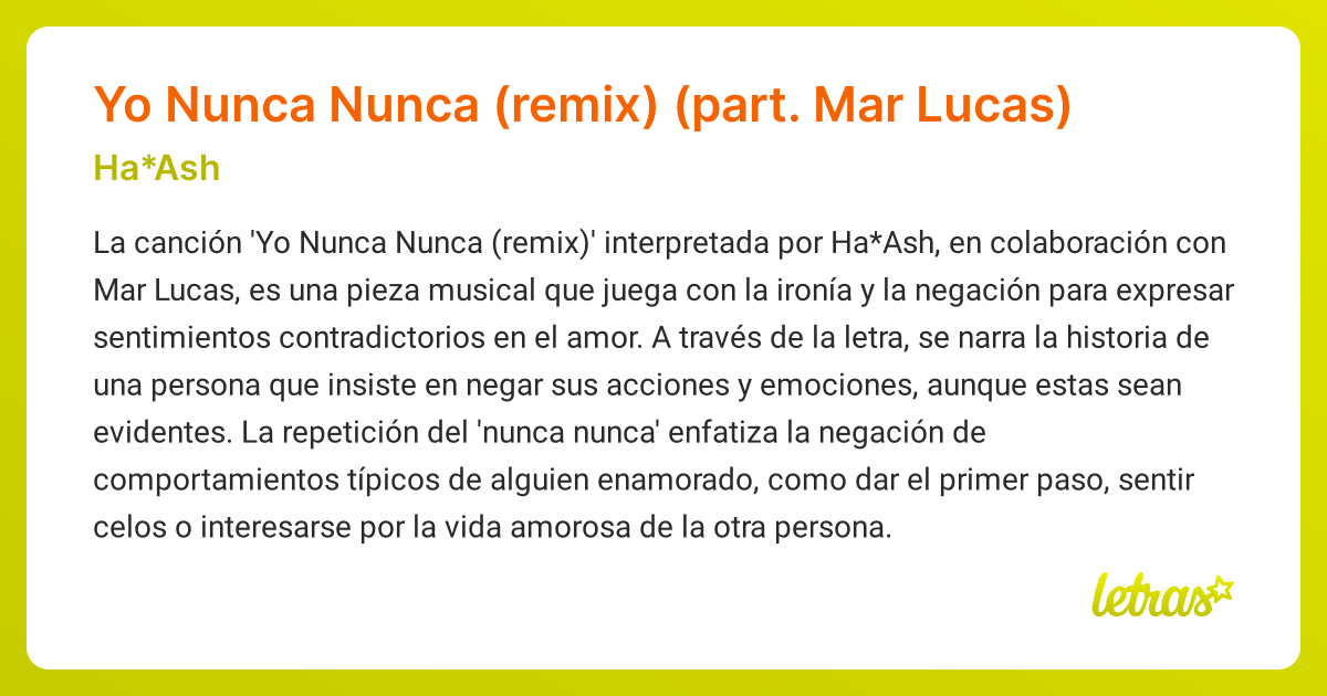 Significado de la canción Yo Nunca Nunca (remix) (part. Mar Lucas) (Ha ...