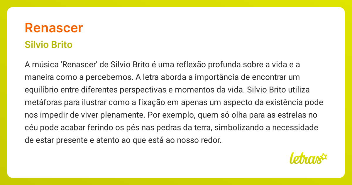Significado da música RENASCER (Silvio Brito) - LETRAS.MUS.BR