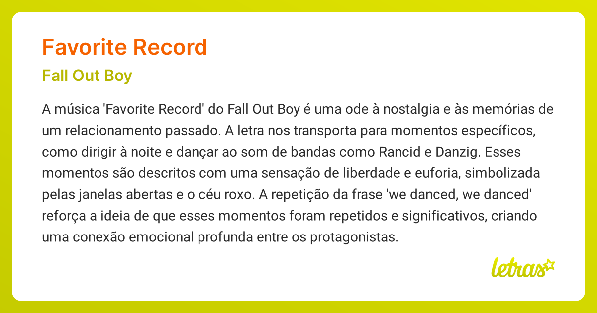 Significado da música FAVORITE RECORD (Fall Out Boy) - LETRAS.MUS.BR