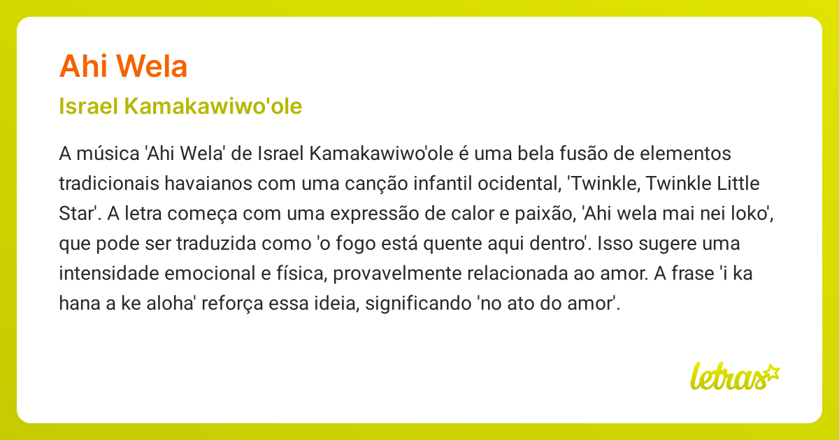 Significado da música AHI WELA (Israel Kamakawiwo'ole) - LETRAS.MUS.BR