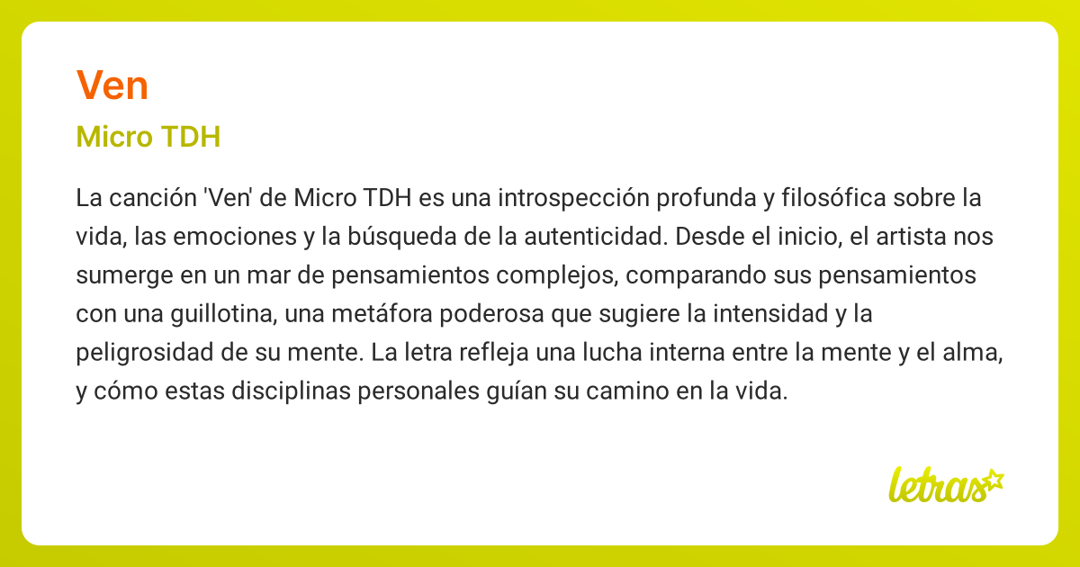 Significado de la canción VEN (Micro TDH) - LETRAS.COM