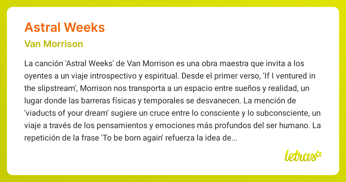 Significado de la canción ASTRAL WEEKS (Van Morrison) - LETRAS.COM