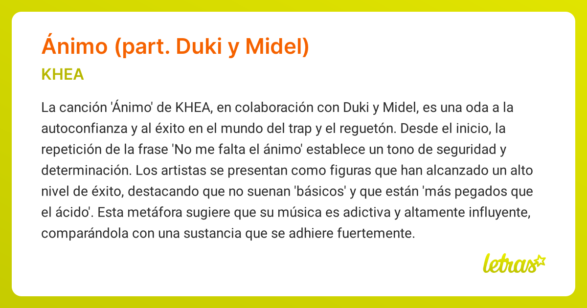 Significado de la canción ÁNIMO (PART. DUKI Y MIDEL) (KHEA) - LETRAS.COM
