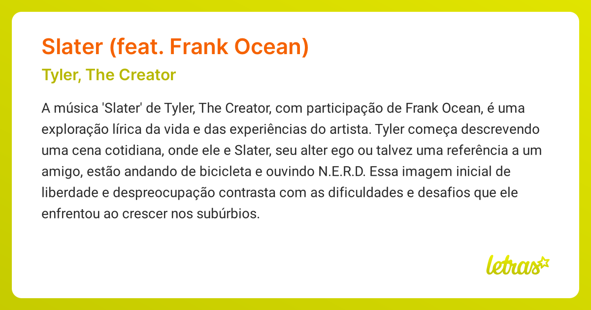 Significado da música SLATER (FEAT. FRANK OCEAN) (Tyler, The Creator ...