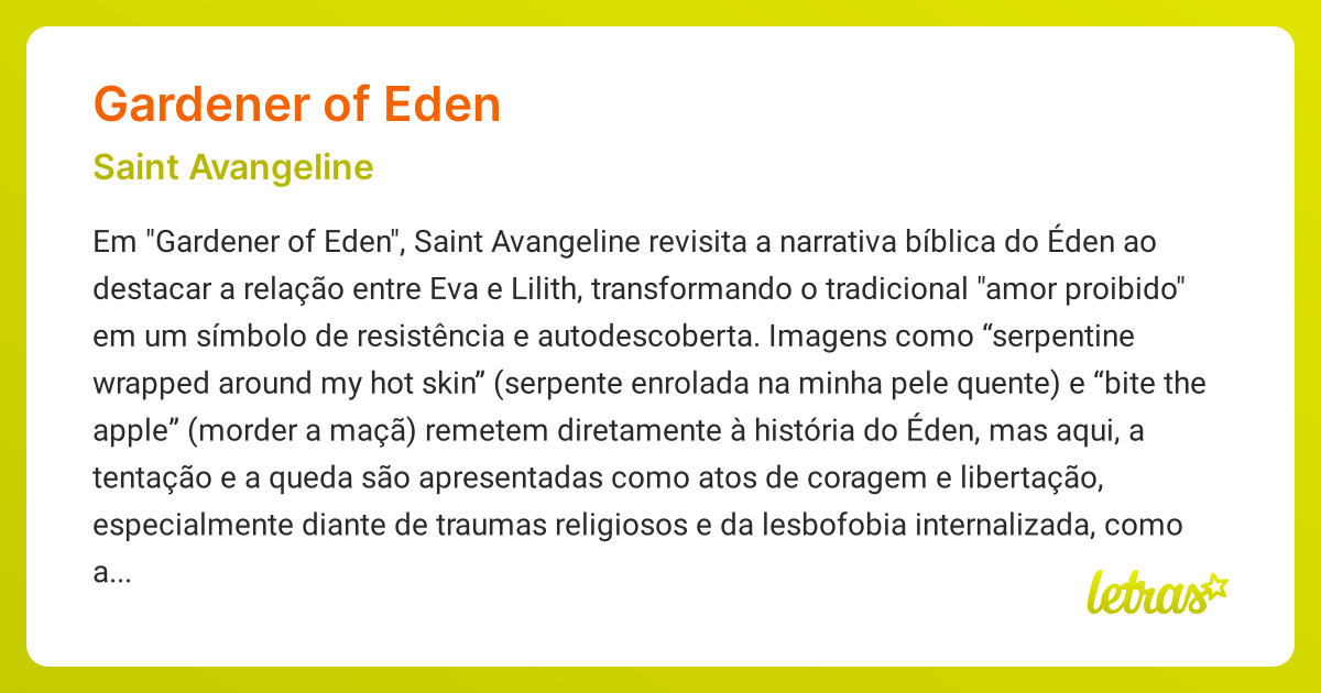 Significado da música GARDENER OF EDEN (Saint Avangeline) - LETRAS.MUS.BR