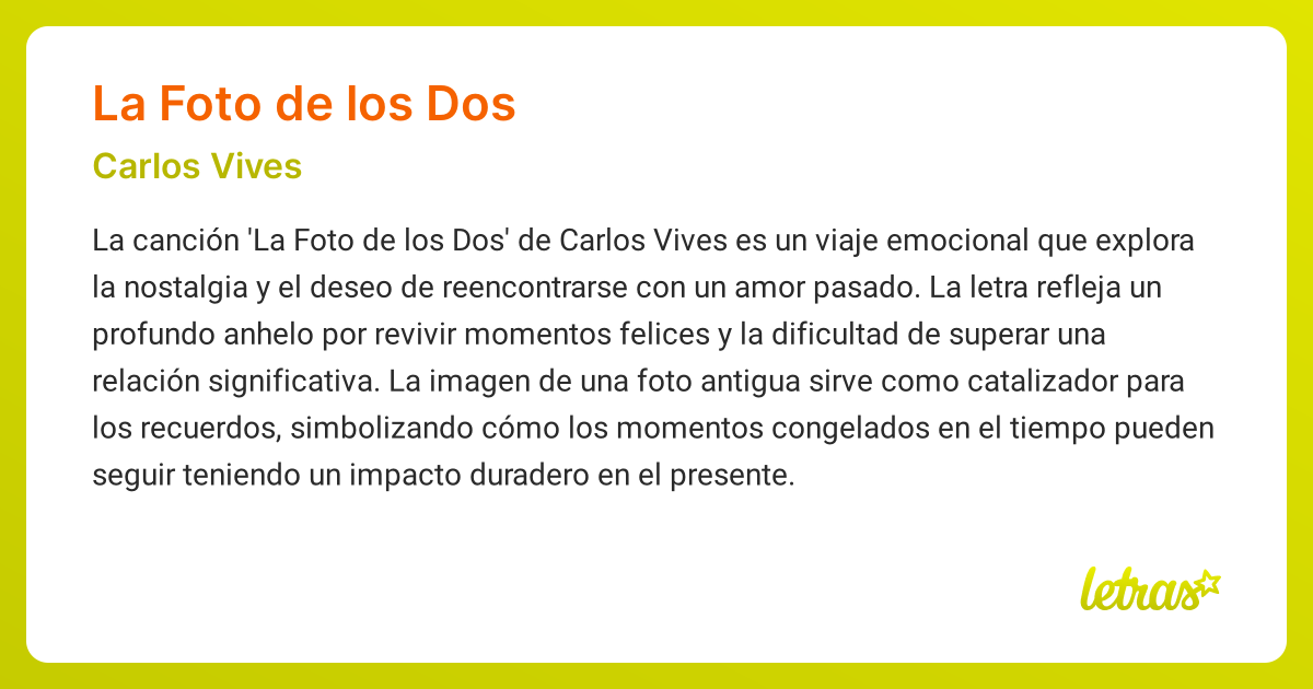 Significado de la canción LA FOTO DE LOS DOS (Carlos Vives) - LETRAS.COM
