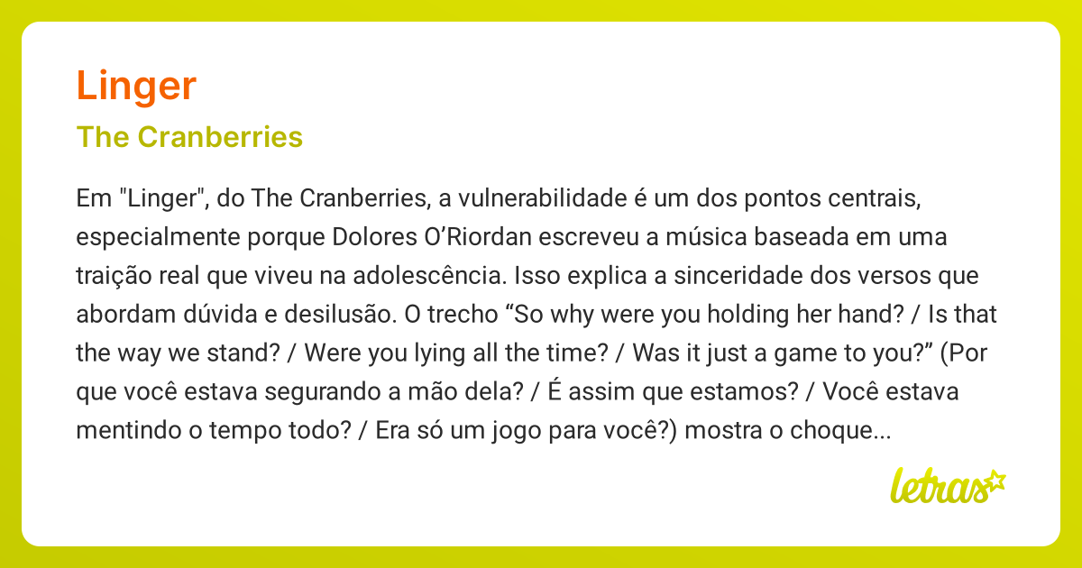 Significado da música LINGER (The Cranberries) - LETRAS.MUS.BR