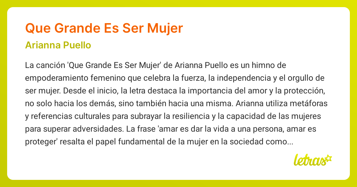 Significado de la canción QUE GRANDE ES SER MUJER (Arianna Puello ...