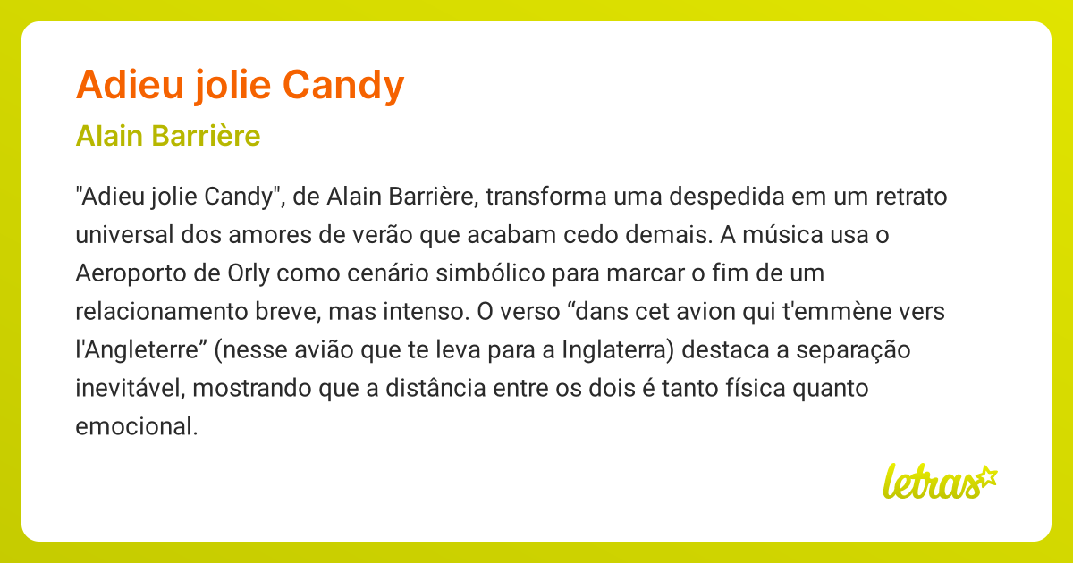 Significado da música ADIEU JOLIE CANDY (Alain Barrière) - LETRAS.MUS.BR