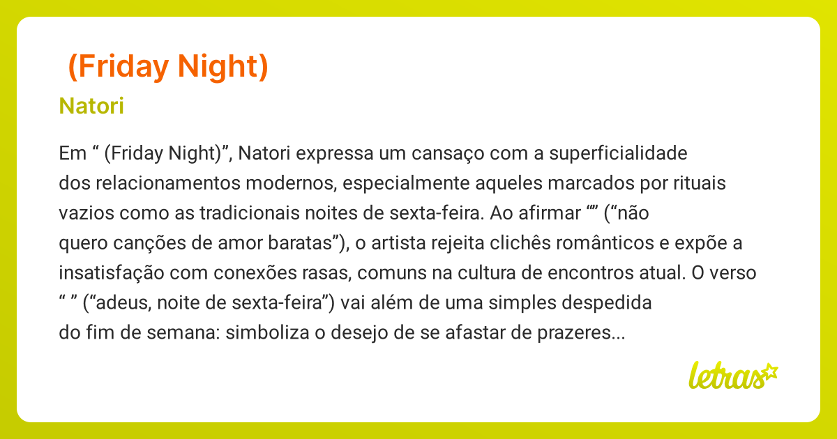 Significado da música フライデー・ナイト (Friday Night) (Natori) - LETRAS.MUS.BR