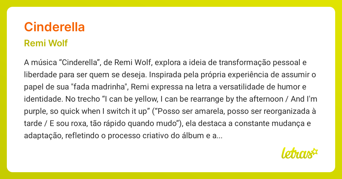 Significado da música CINDERELLA (Remi Wolf) - LETRAS.MUS.BR