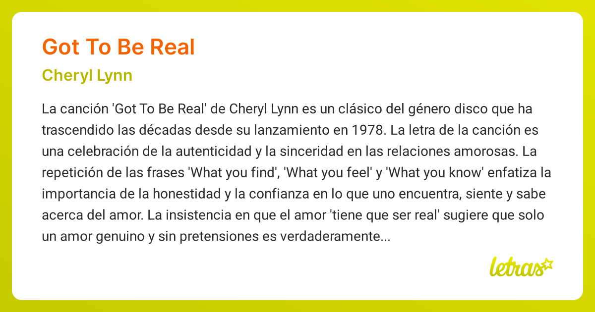 Significado de la canción GOT TO BE REAL (Cheryl Lynn) - LETRAS.COM