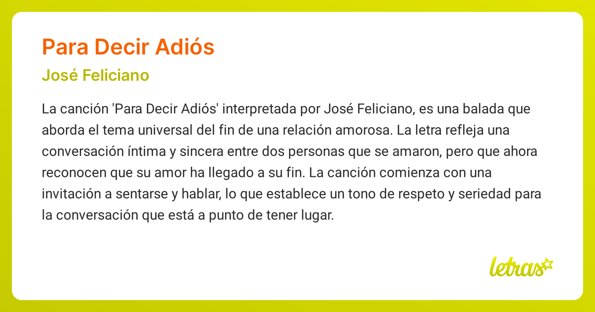 Significado de la canción PARA DECIR ADIÓS (José Feliciano) - LETRAS.COM