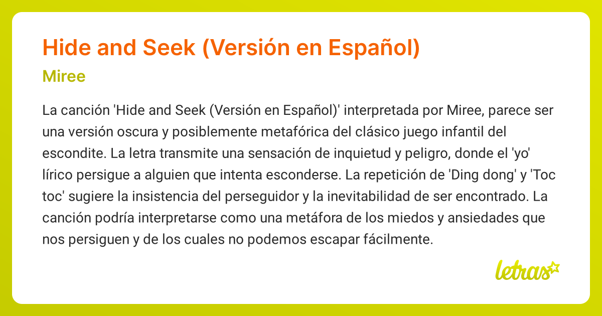 Significado de la canción Hide and Seek (Versión en Español) (Miree ...