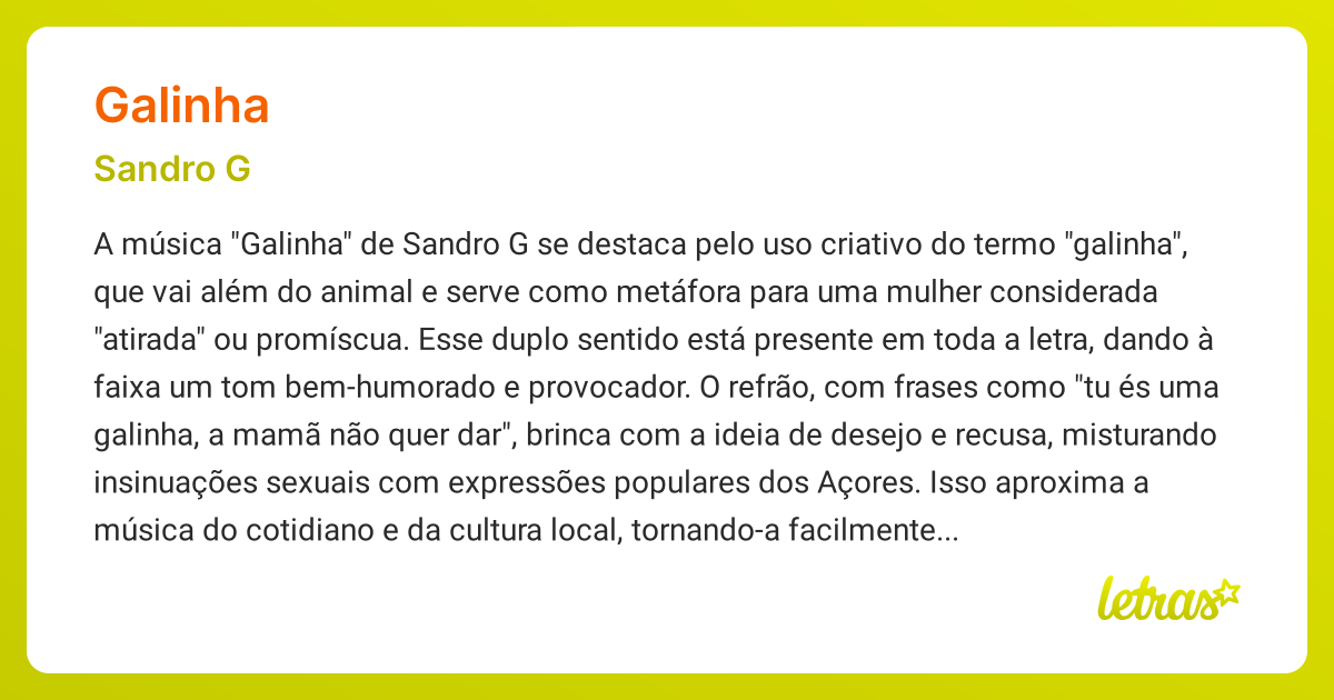 Significado da música GALINHA (Sandro G) - LETRAS.MUS.BR
