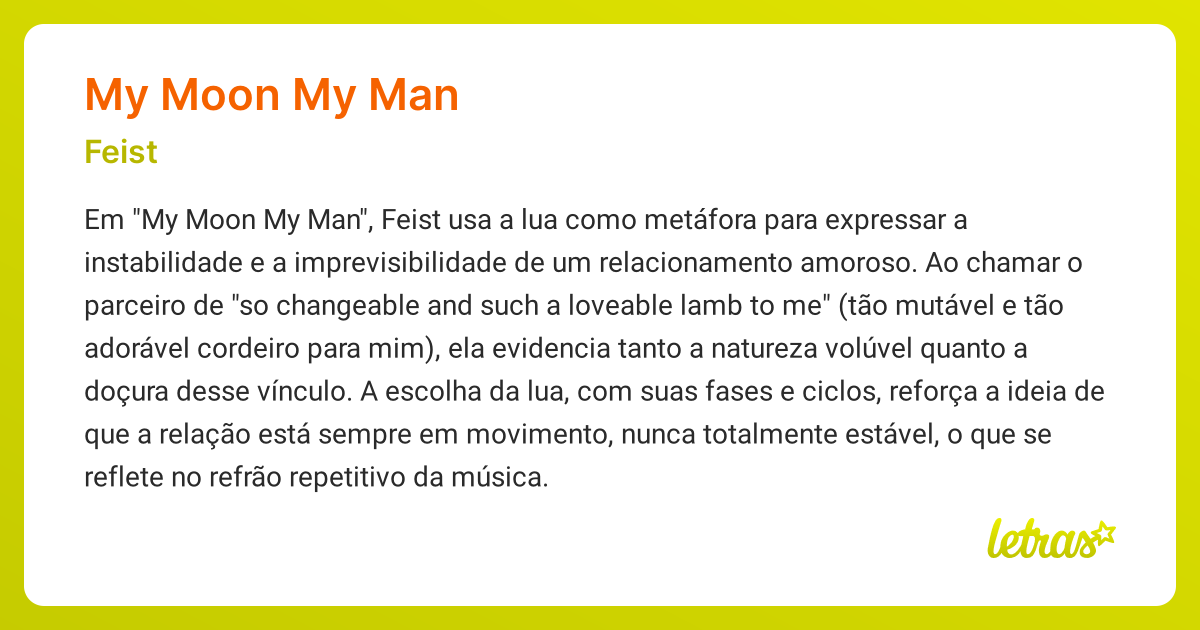 Significado da música MY MOON MY MAN (Feist) - LETRAS.MUS.BR