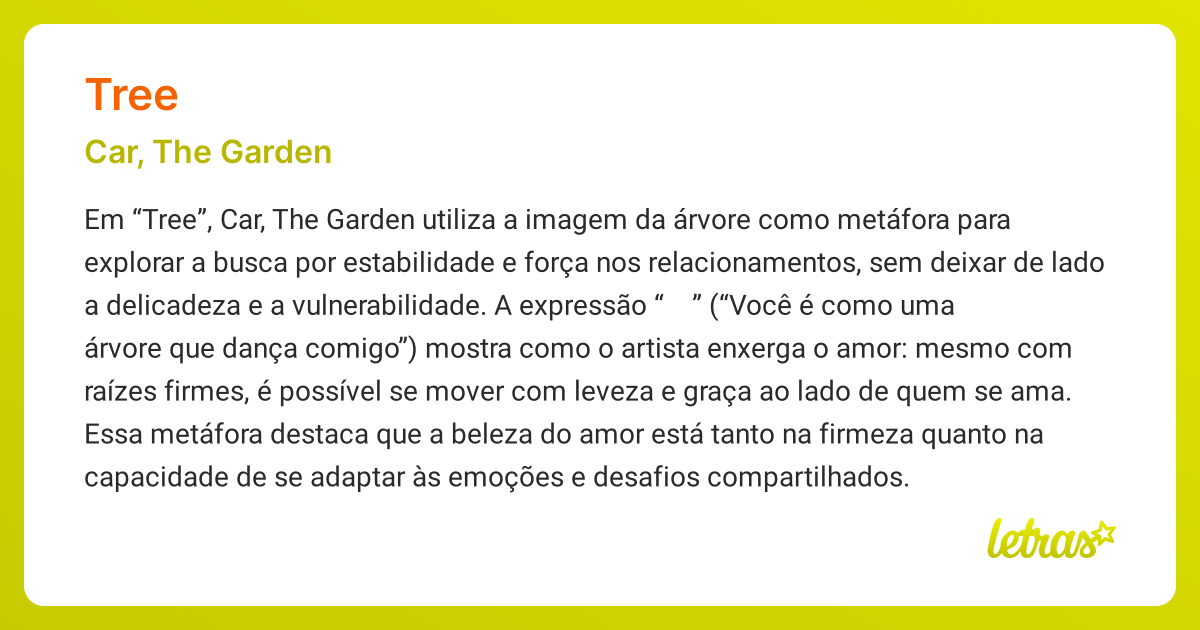 Significado da música TREE (Car, The Garden) - LETRAS.MUS.BR