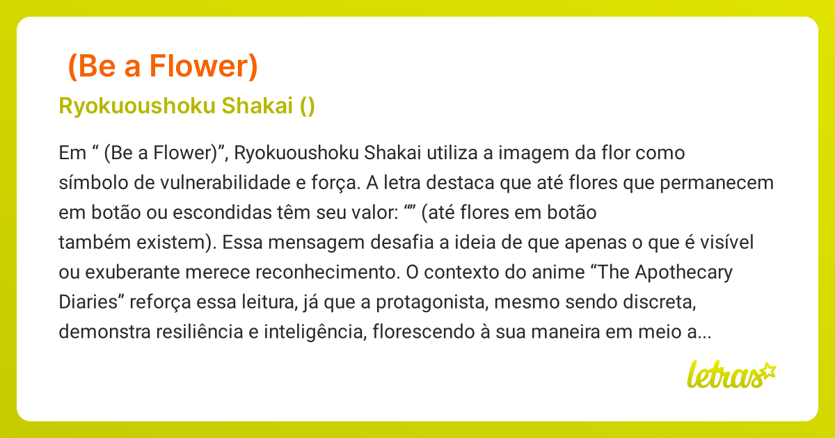 Significado da música 花になって (BE A FLOWER) (Ryokuoushoku Shakai (緑黄色社会 ...