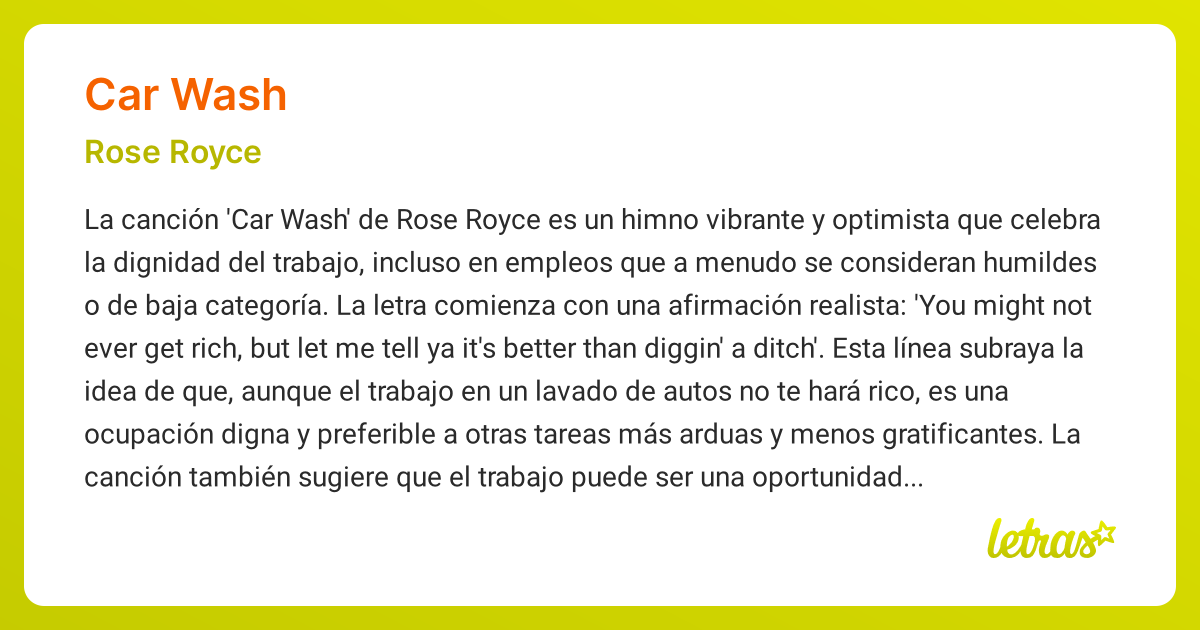 Significado de la canción CAR WASH (Rose Royce) - LETRAS.COM