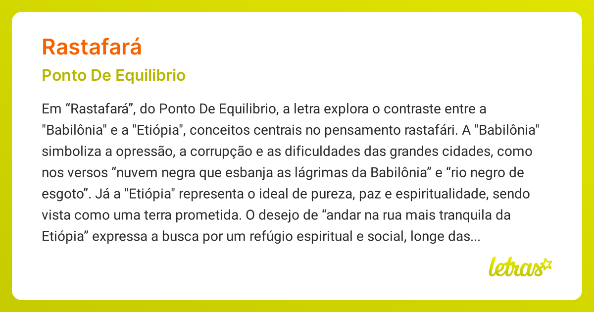 Significado da música RASTAFARÁ (Ponto De Equilibrio) - LETRAS.MUS.BR