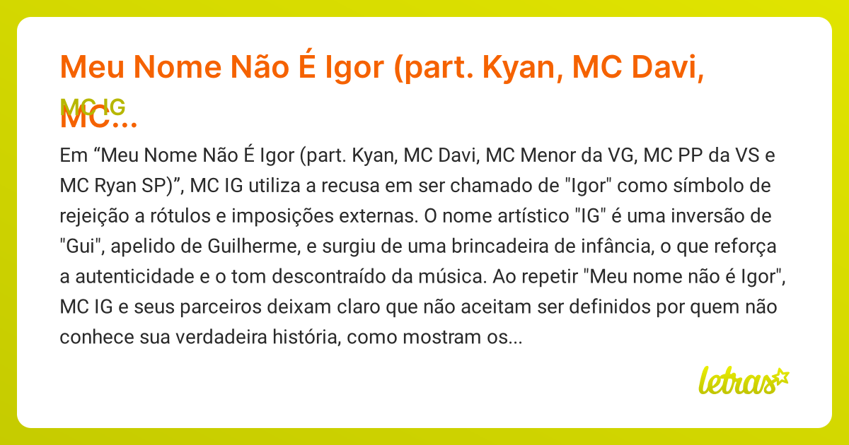 Significado da música Meu Nome Não É Igor (part. Kyan, MC Davi, MC ...