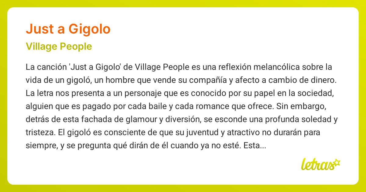Significado de la canción JUST A GIGOLO (Village People) - LETRAS.COM