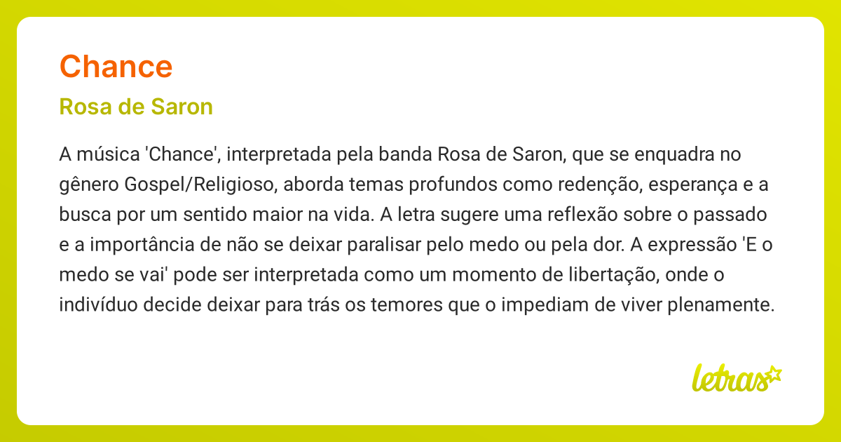 Significado da música CHANCE (Rosa de Saron) - LETRAS.MUS.BR