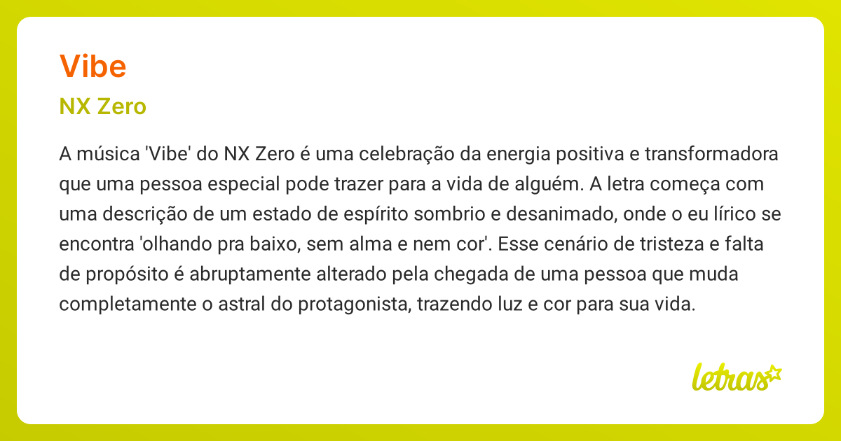 Significado da música VIBE (NX Zero) - LETRAS.MUS.BR