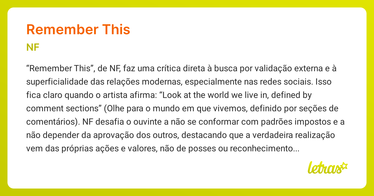 Significado da música REMEMBER THIS (NF) - LETRAS.MUS.BR