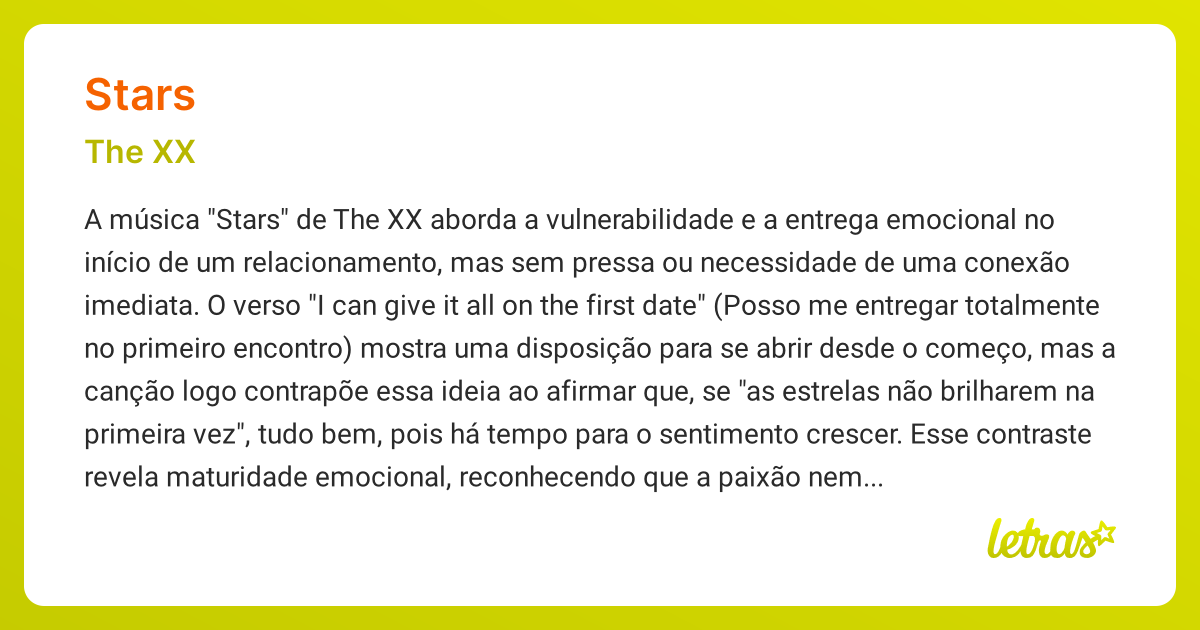 Significado da música STARS (The XX) - LETRAS.MUS.BR