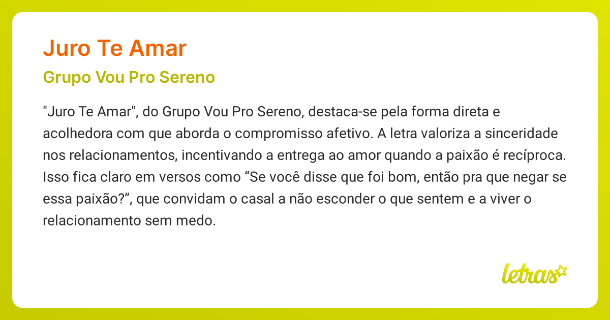 Significado da música JURO TE AMAR (Grupo Vou Pro Sereno) - LETRAS.MUS.BR