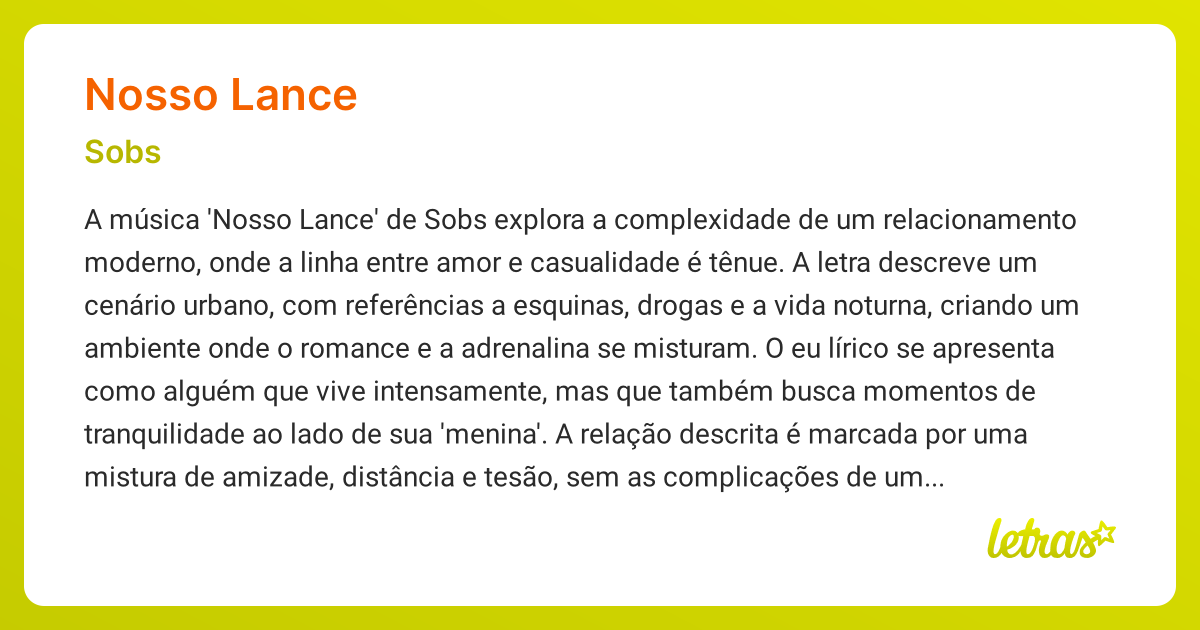Significado da música NOSSO LANCE (Sobs) - LETRAS.MUS.BR