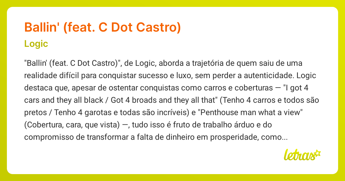 Significado da música BALLIN' (FEAT. C DOT CASTRO) (Logic) - LETRAS.MUS.BR