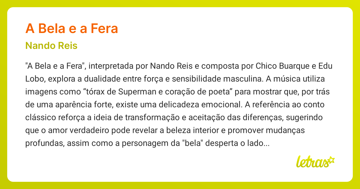 Significado da música A BELA E A FERA (Nando Reis) - LETRAS.MUS.BR