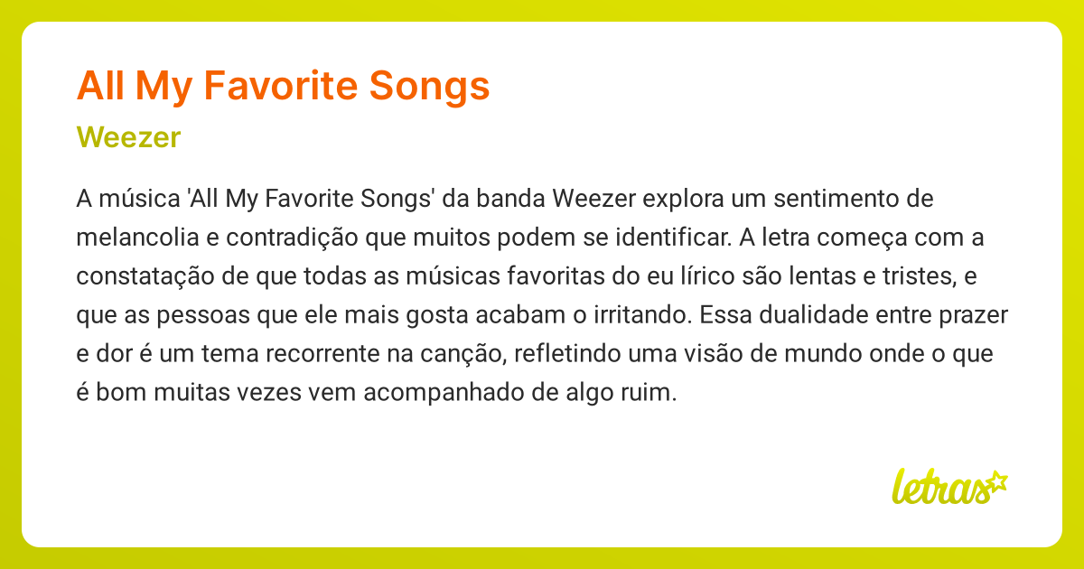 Significado da música ALL MY FAVORITE SONGS (Weezer) - LETRAS.MUS.BR