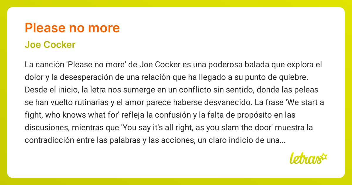 Significado de la canción PLEASE NO MORE (Joe Cocker) - LETRAS.COM