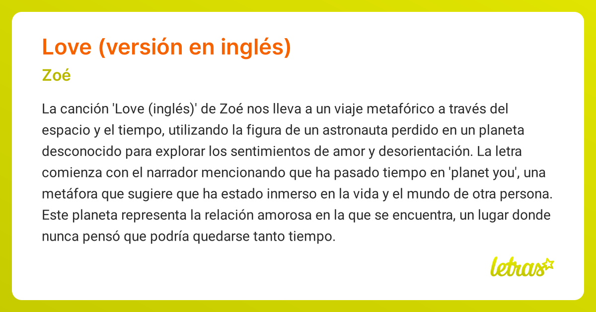 Significado de la canción LOVE (VERSIÓN EN INGLÉS) (Zoé) - LETRAS.COM