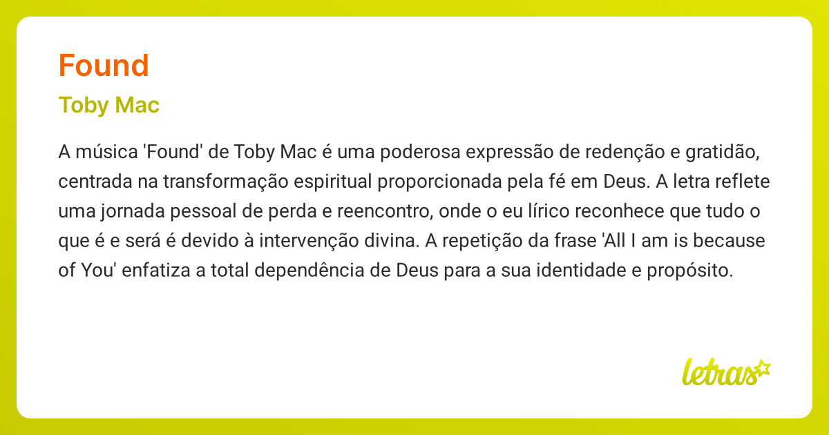 Significado da música FOUND (Toby Mac) - LETRAS.MUS.BR