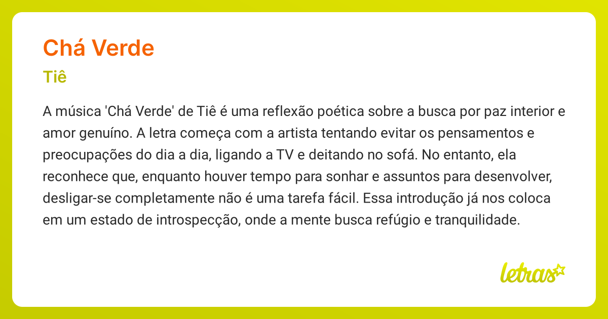Significado da música CHÁ VERDE (Tiê) - LETRAS.MUS.BR