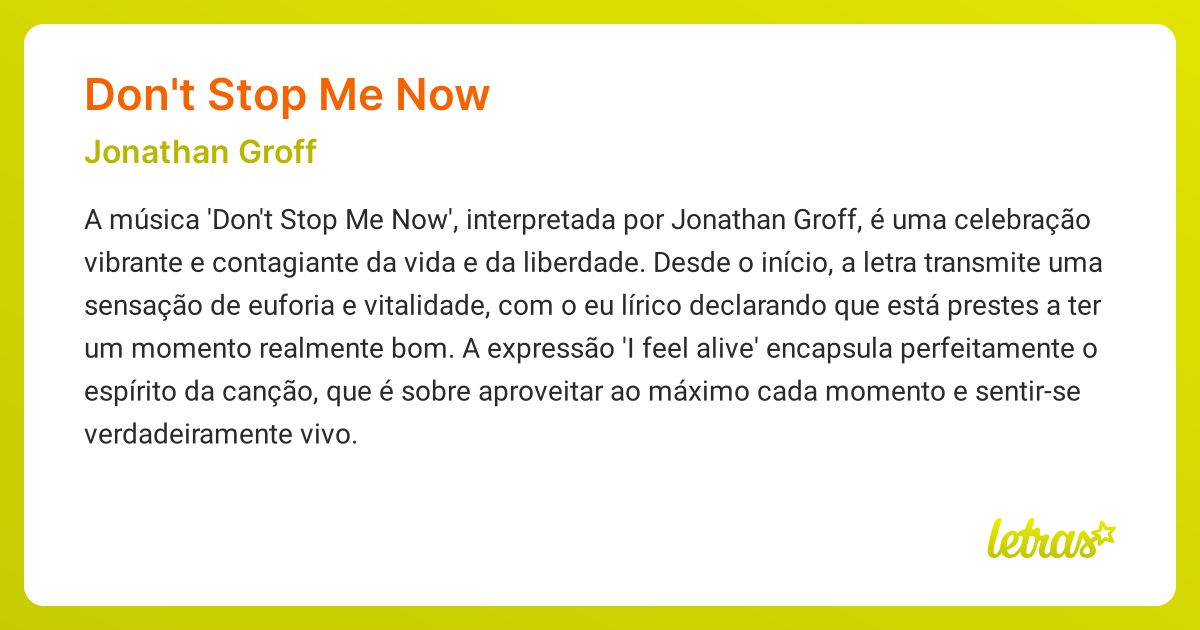 Significado da música DON'T STOP ME NOW (Jonathan Groff) - LETRAS.MUS.BR