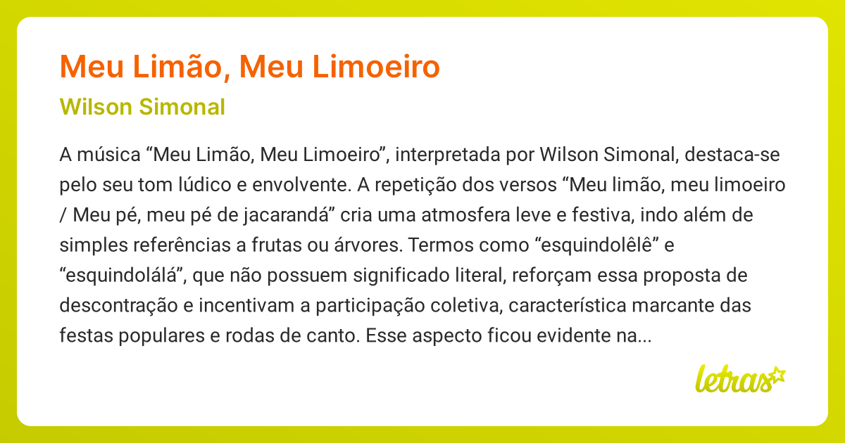 Significado da música MEU LIMÃO, MEU LIMOEIRO (Wilson Simonal) - LETRAS ...