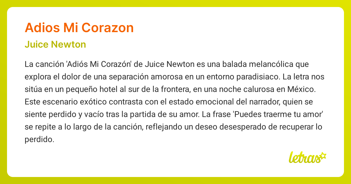 Significado de la canción ADIOS MI CORAZON (Juice Newton) - LETRAS.COM