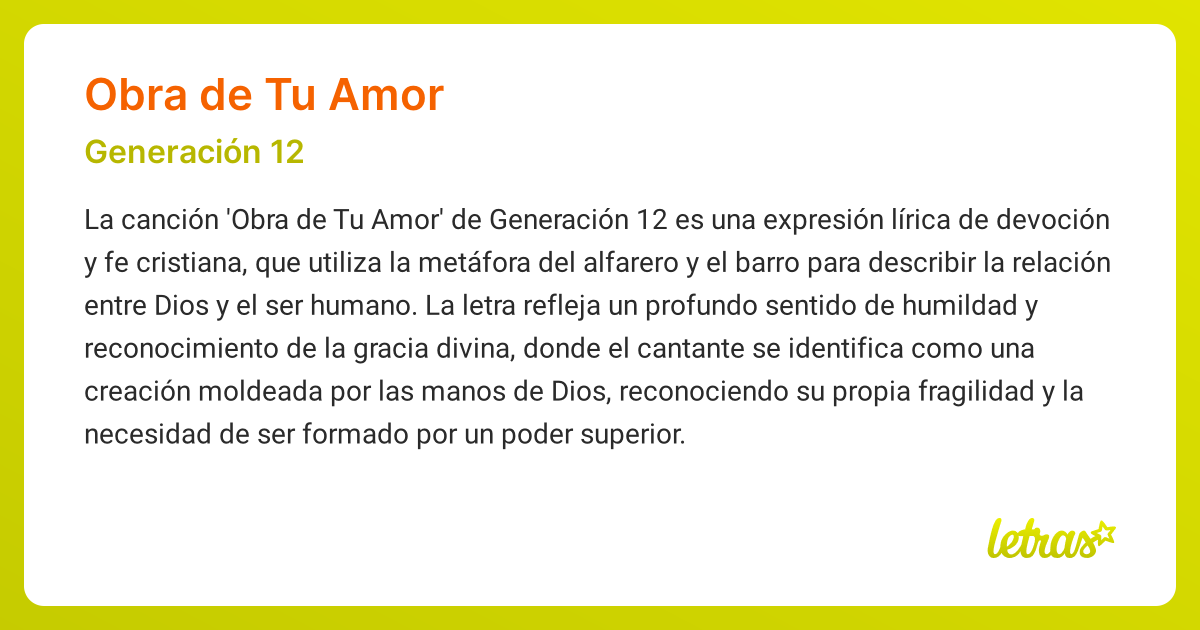 Significado de la canción OBRA DE TU AMOR (Generación 12) - LETRAS.COM