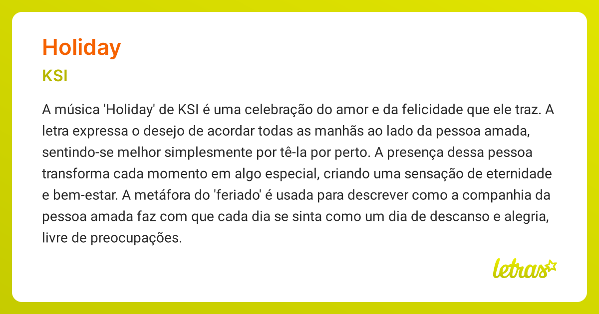 Significado da música HOLIDAY (KSI) - LETRAS.MUS.BR