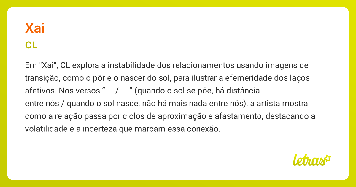 Significado da música XAI (CL) - LETRAS.MUS.BR