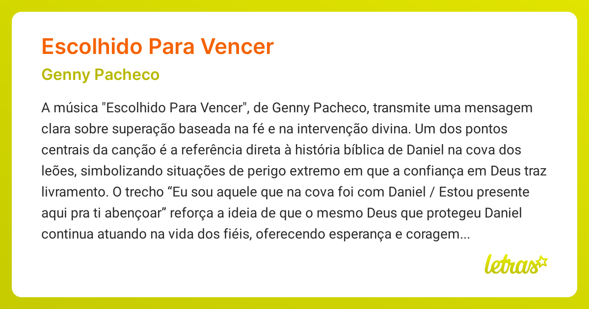 Significado da música ESCOLHIDO PARA VENCER (Genny Pacheco) - LETRAS.MUS.BR