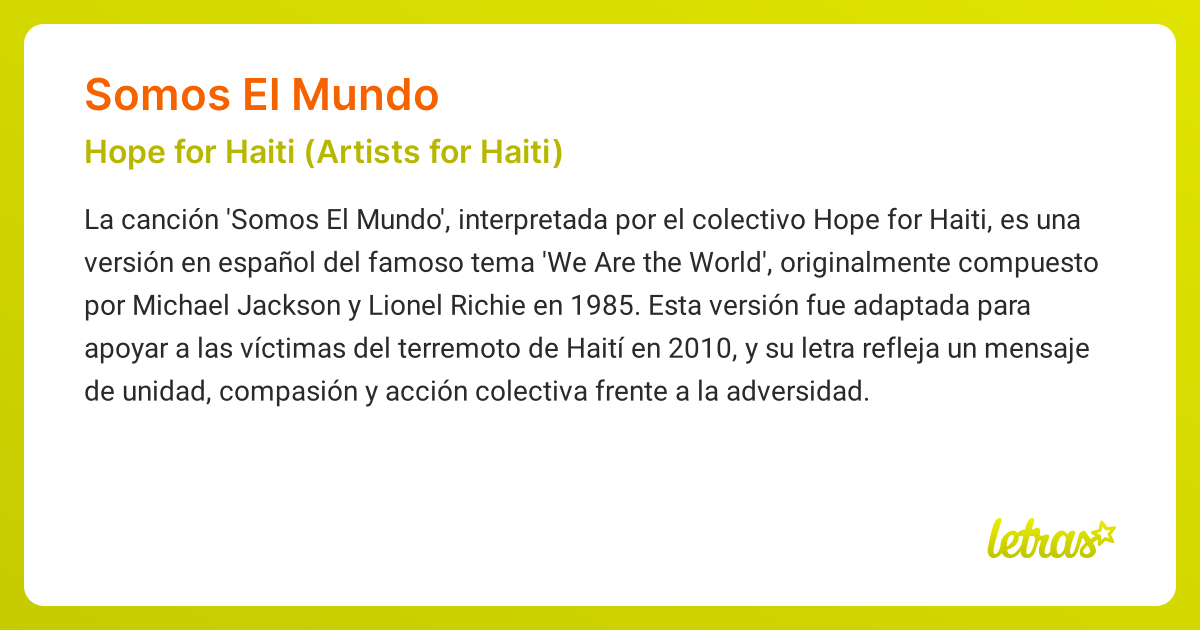 Significado de la canción SOMOS EL MUNDO (Hope for Haiti (Artists for ...